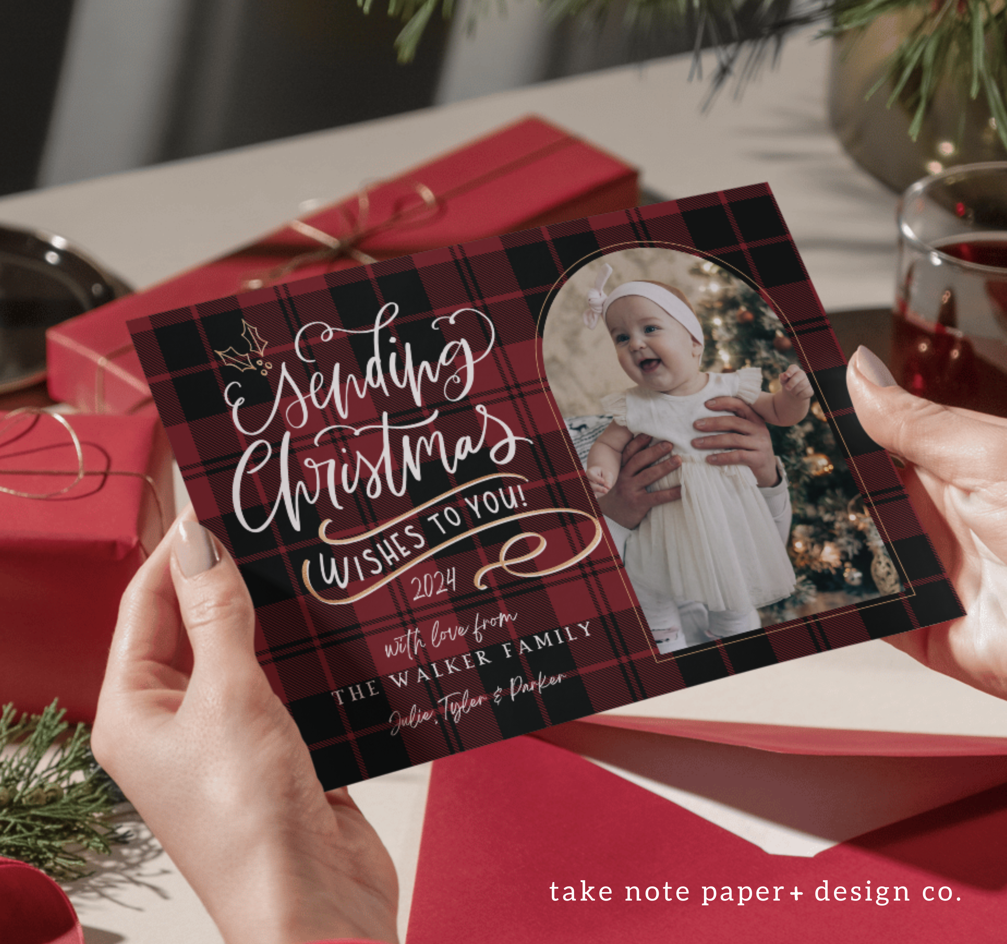 Sending Wishes Arch Christmas Card Template for Canva - TNPC171 – Birdesign