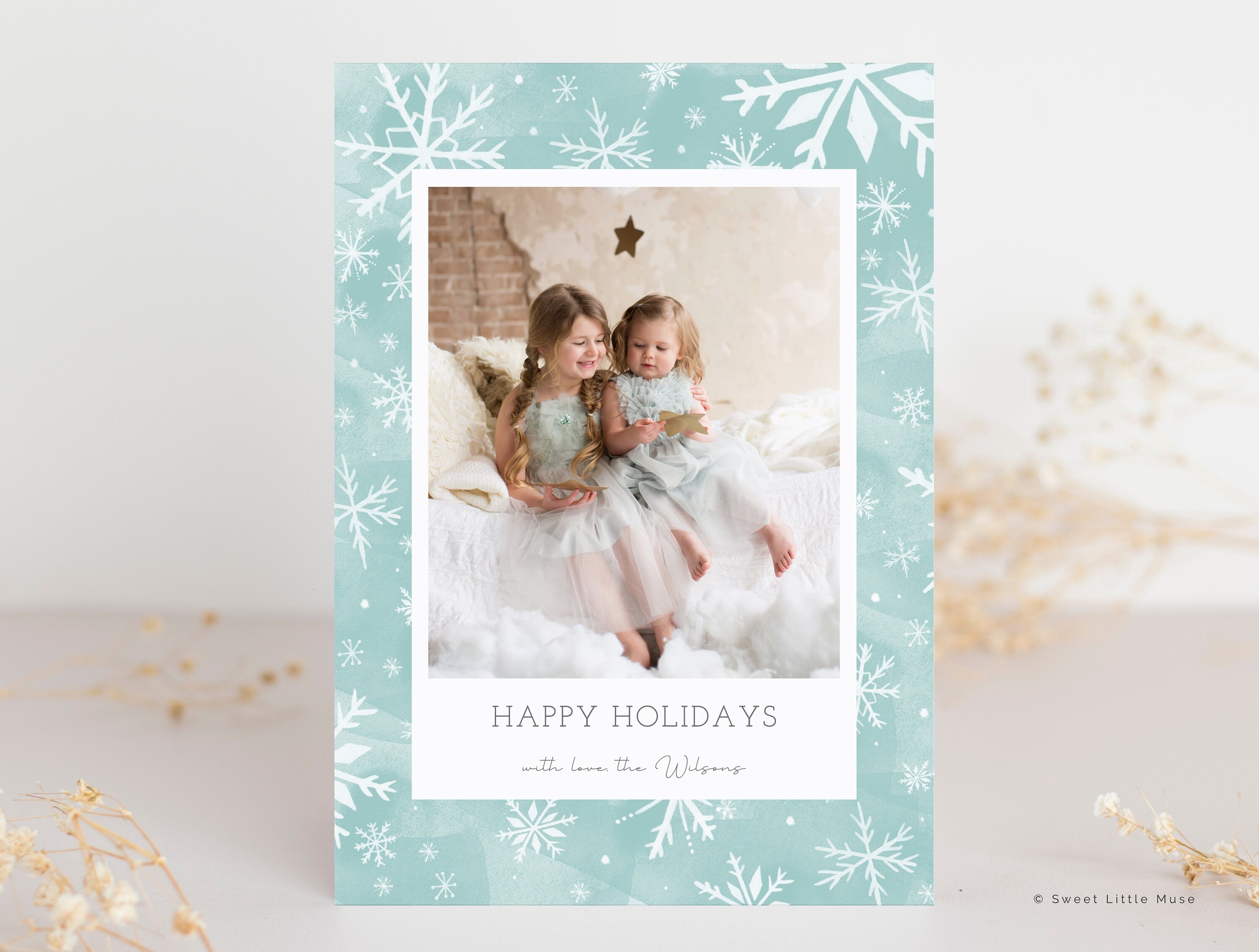 Blue Watercolor Snowflake Christmas Card Template for Canva - SLM25 ...