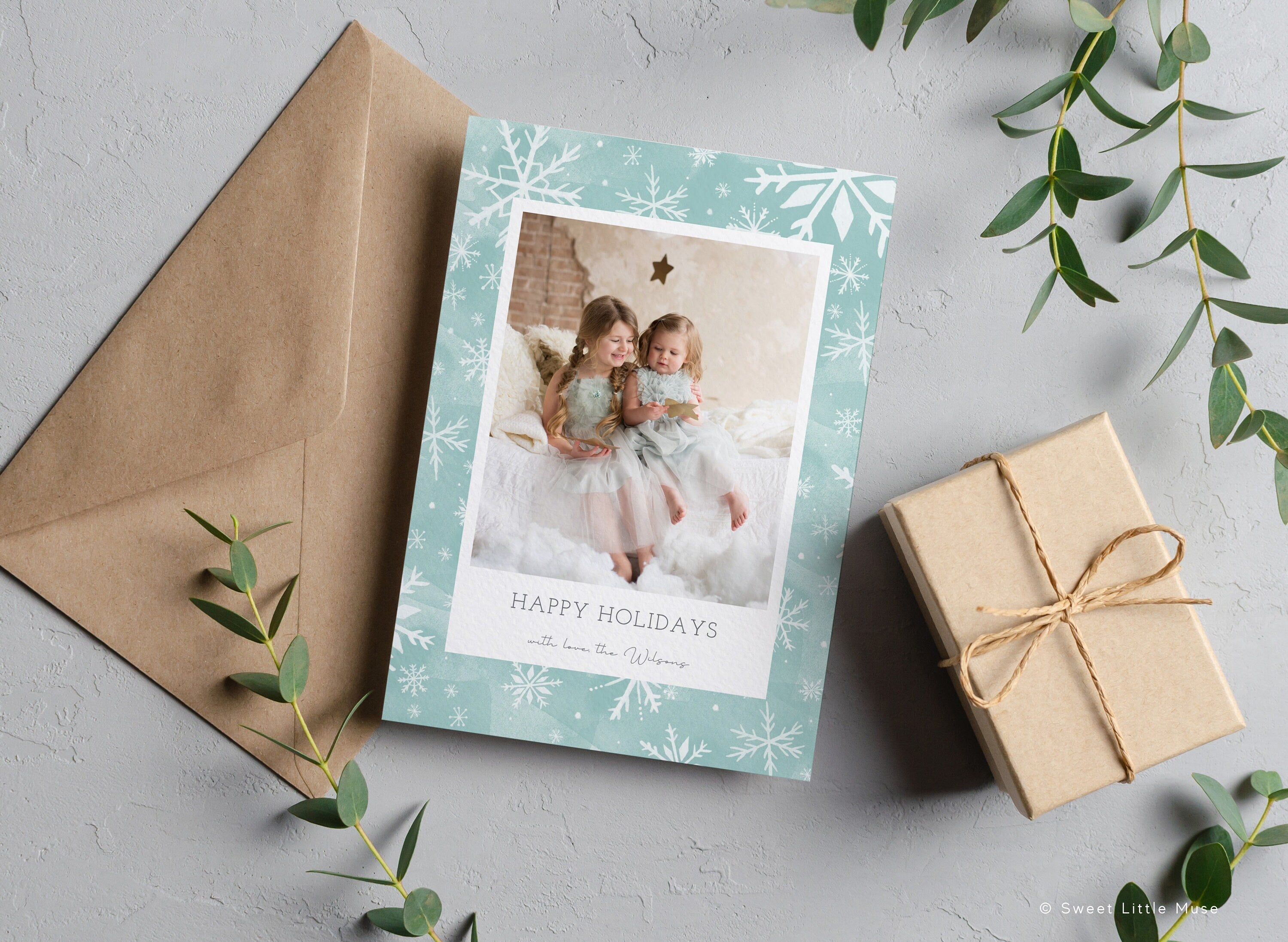 Blue Watercolor Snowflake Christmas Card Template for Canva - SLM25 ...